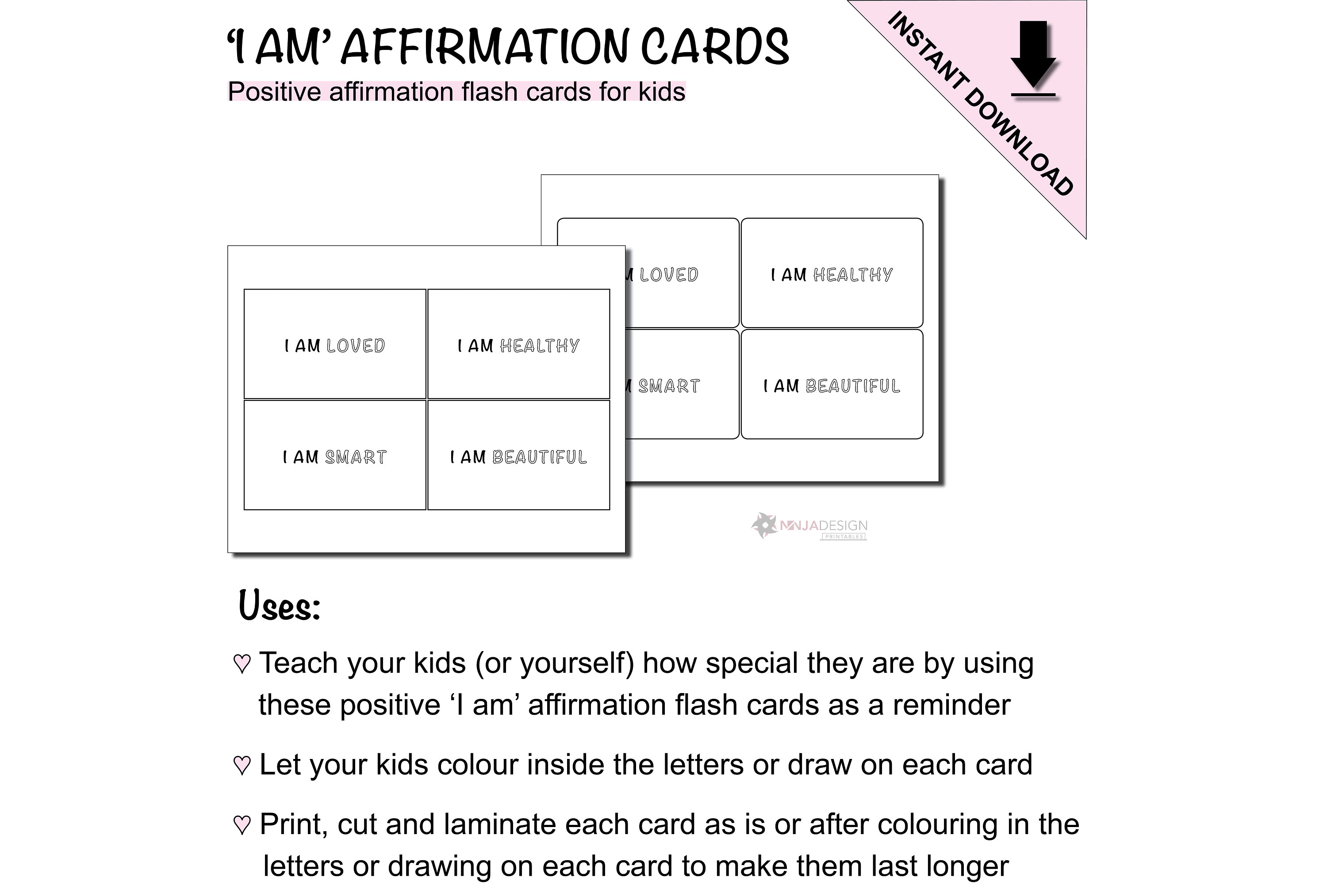 Printable Affirmation Cards for Kids | Set of 20 'I Am' Affirmations ...