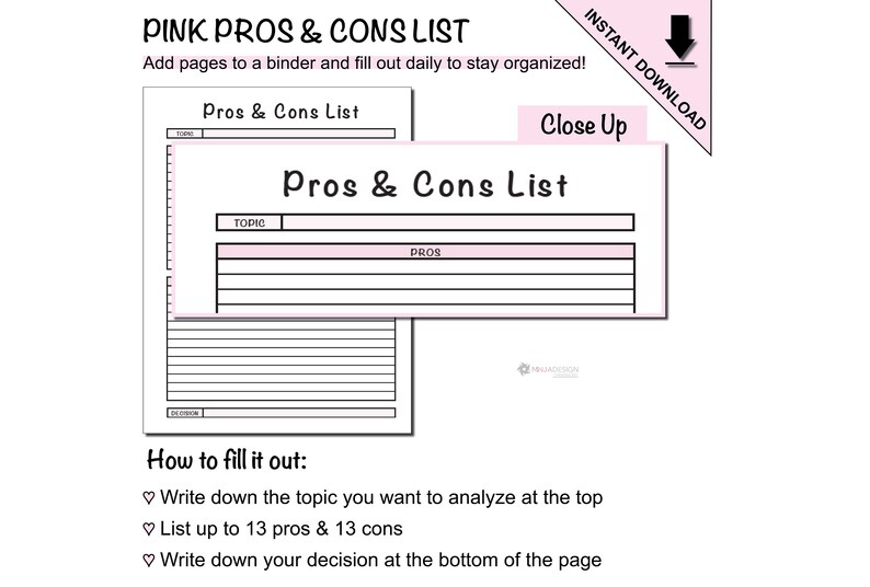Printable Pros & Cons List to Help You Make a Decision - Etsy Canada