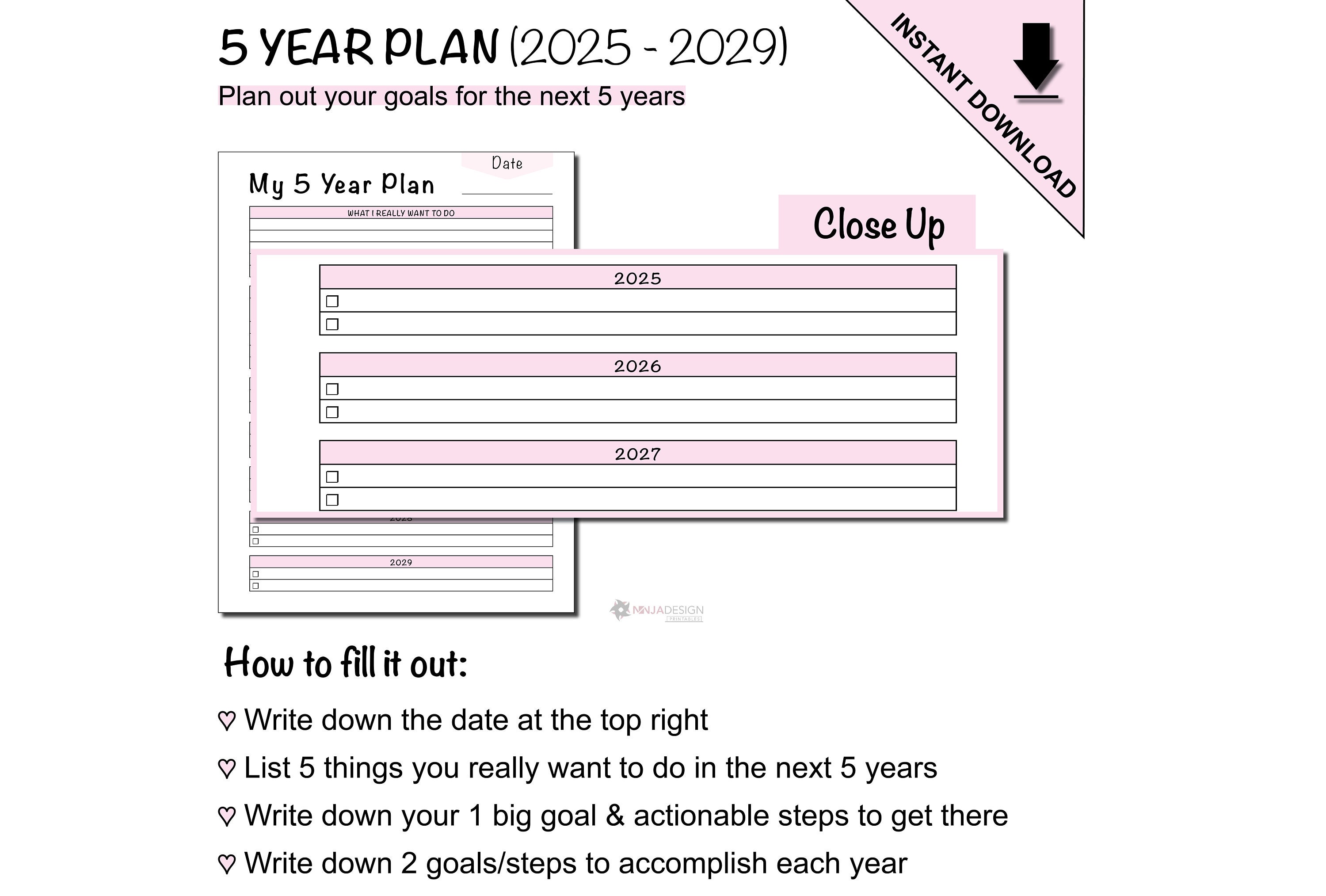 Printable 5 Year Goal Planning Template for 2025 to 2029 Plus Blank ...