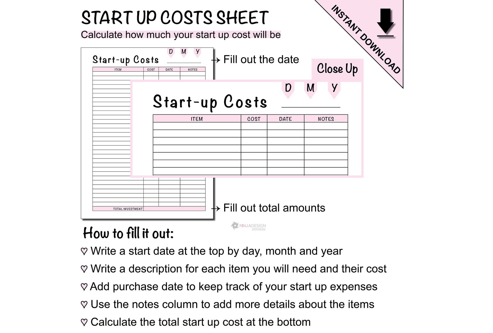 Printable Start up Cost Sheet for Business - Etsy