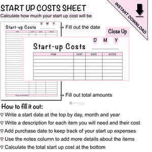 Printable Start up Cost Sheet for Business - Etsy