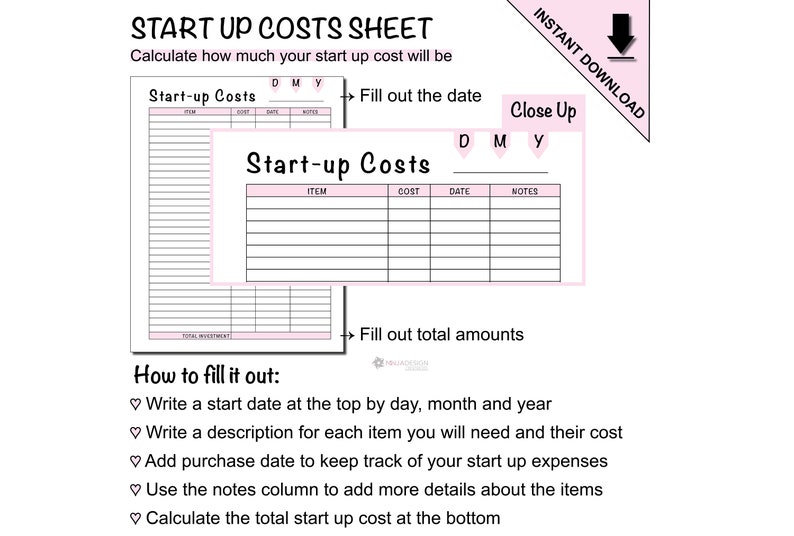 Printable Start up Cost Sheet for Business - Etsy