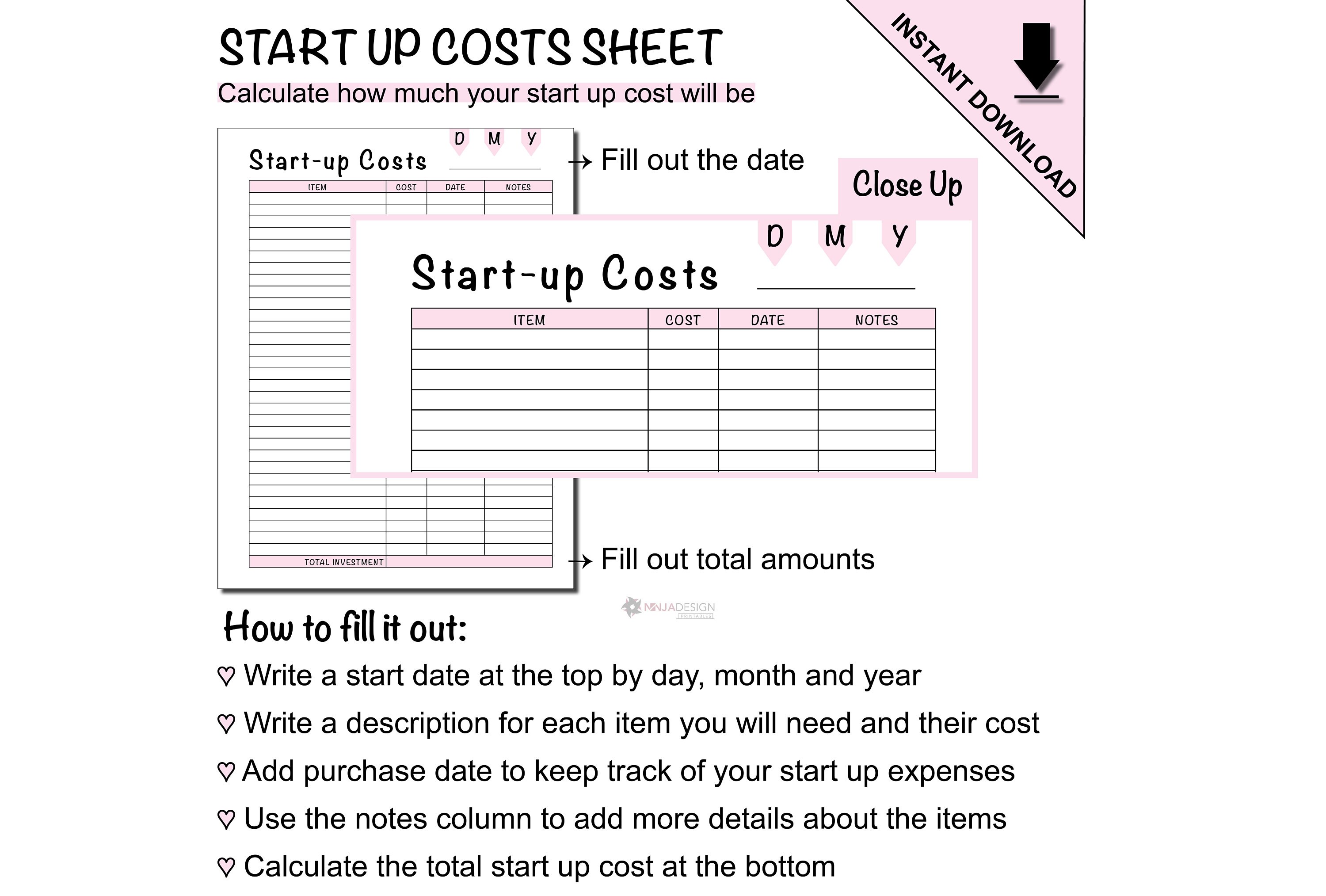 Printable Start up Cost Sheet for Business - Etsy