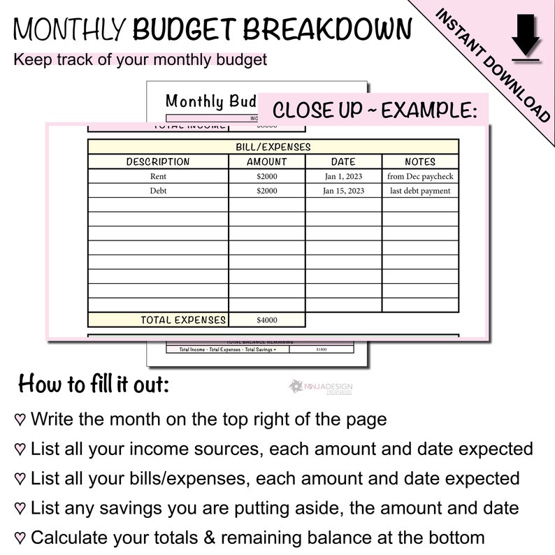 Printable Monthly Budget Breakdown to Keep Track of Your - Etsy