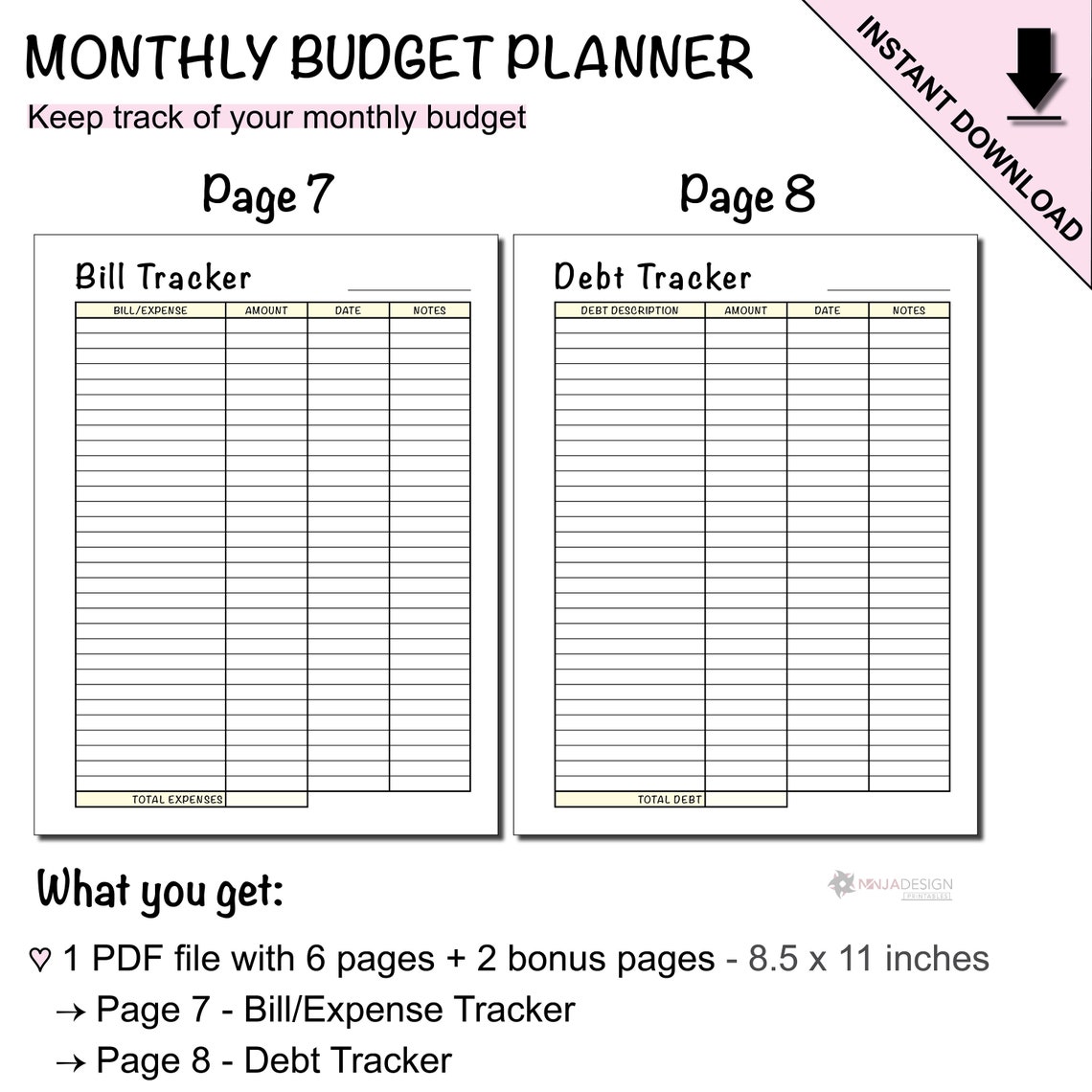 Printable Monthly Budget Planner With a Blank Monthly Calendar to Log ...