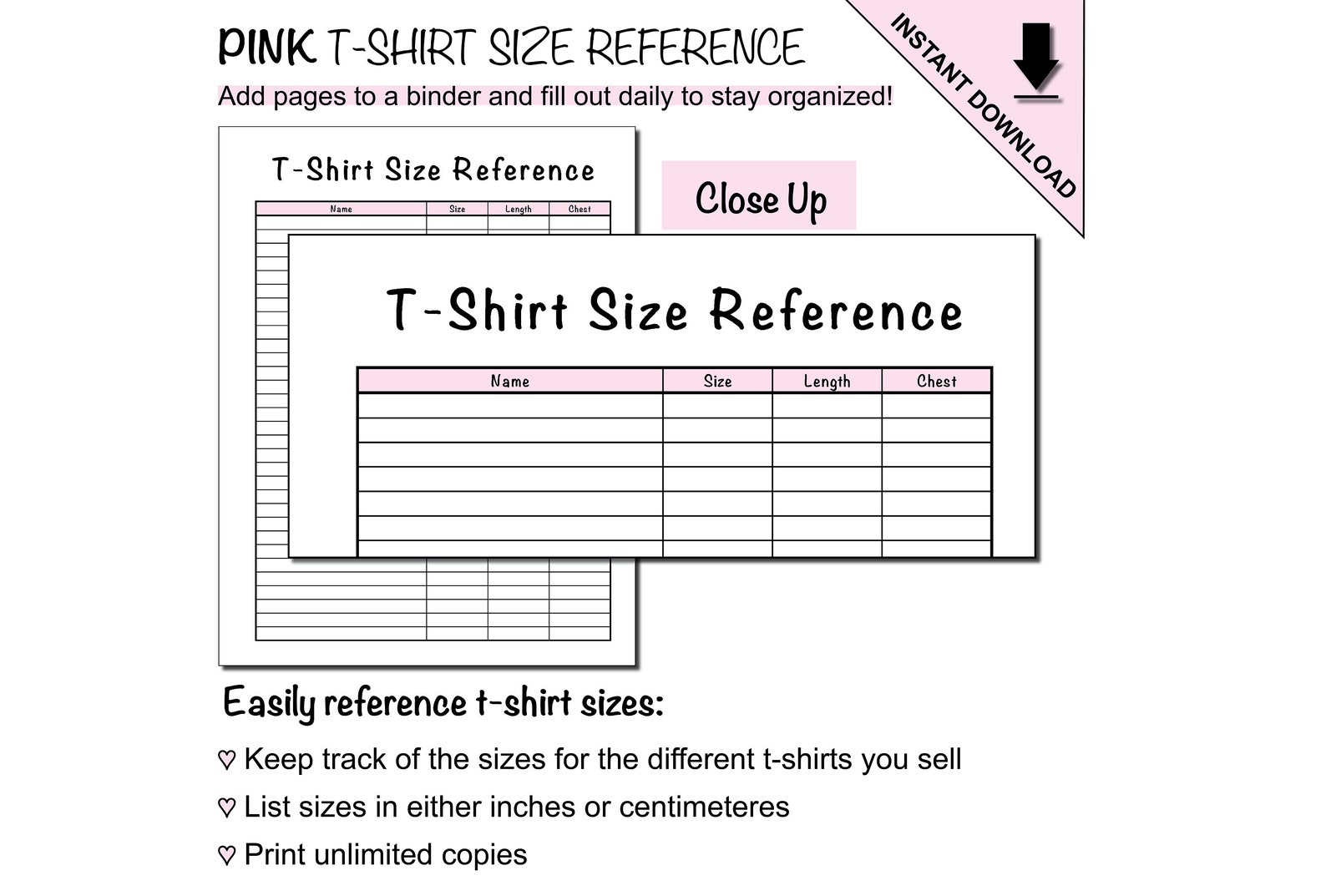 Printable T-shirt Size Reference Chart Tracker Sheet for Small ...