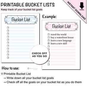 Printable Bucket List Sheets With Checkboxes in Pink & Blue to Keep ...