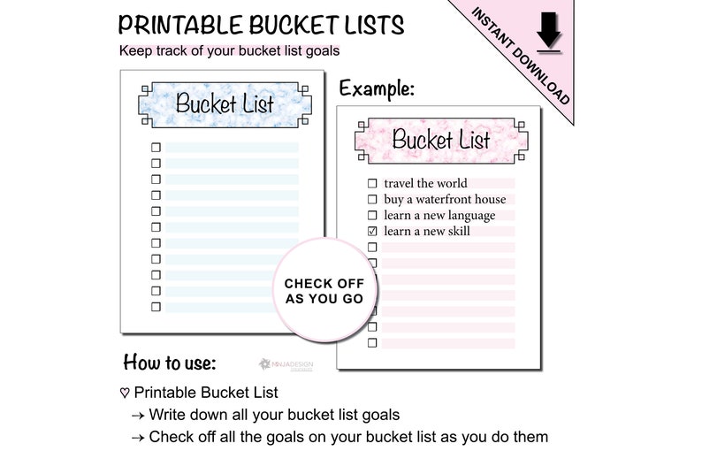 Printable Bucket List Sheets With Checkboxes in Pink & Blue to Keep ...