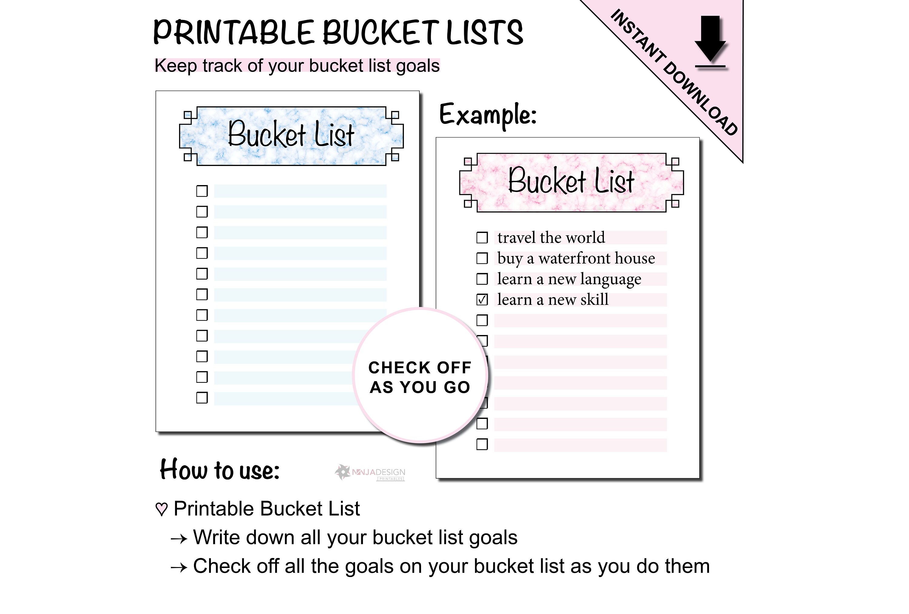 Printable Bucket List Sheets With Checkboxes in Pink & Blue to Keep ...