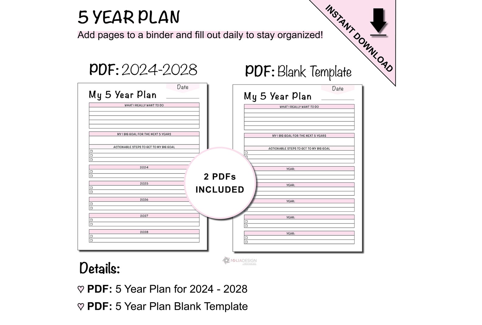 Printable 5 Year Goal Planning Template for 2024 to 2028 Plus Blank ...
