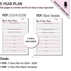 Printable 5 Year Goal Planning Template for 2024 to 2028 Plus Blank ...