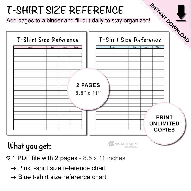 Printable T-shirt Size Reference Chart Tracker Sheet for Small - Etsy