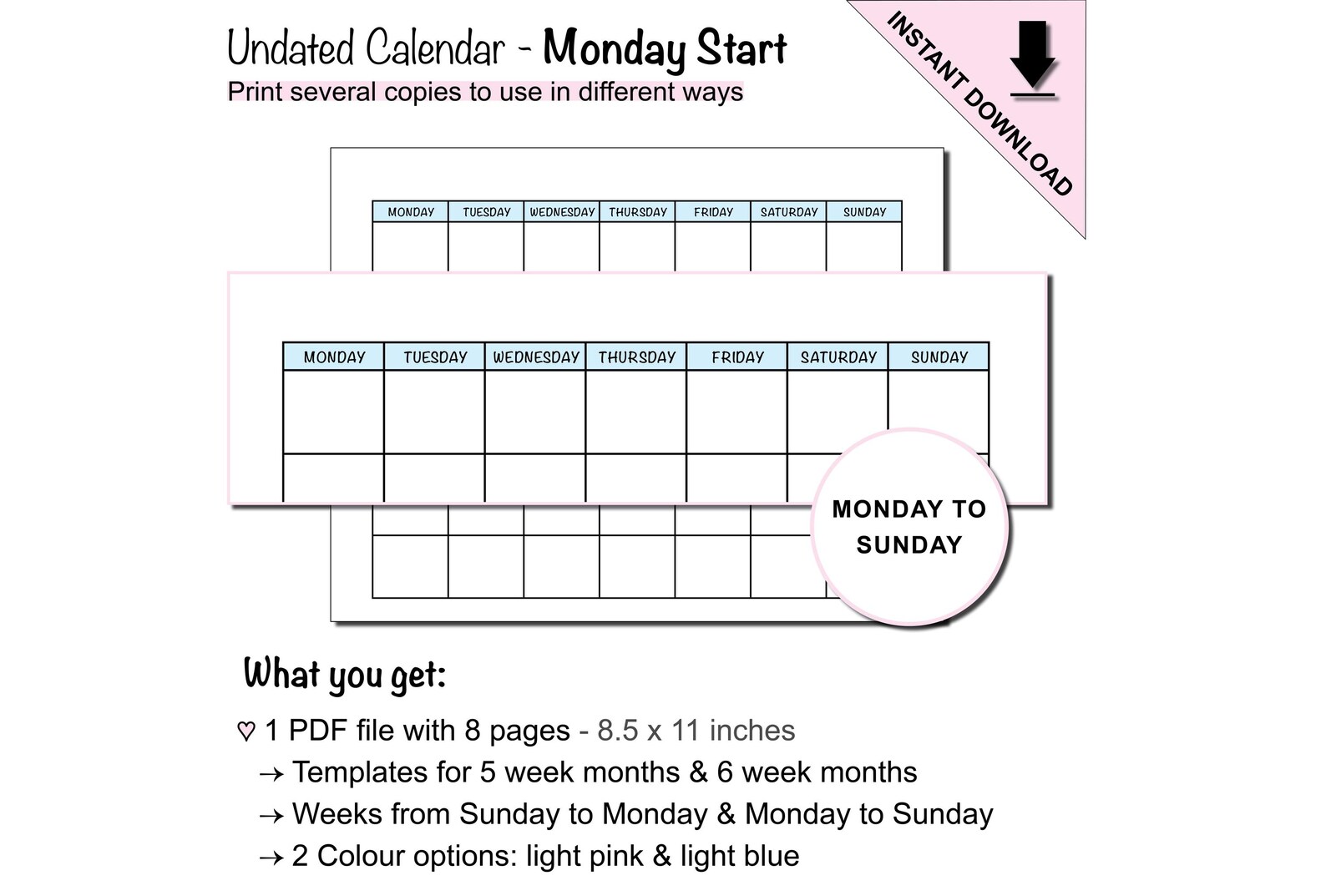 Printable Undated Monthly Calendar With 5 Week Months and 6 Week Months ...