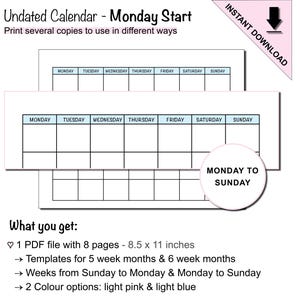 Printable Undated Monthly Calendar With 5 Week Months and 6 Week Months ...
