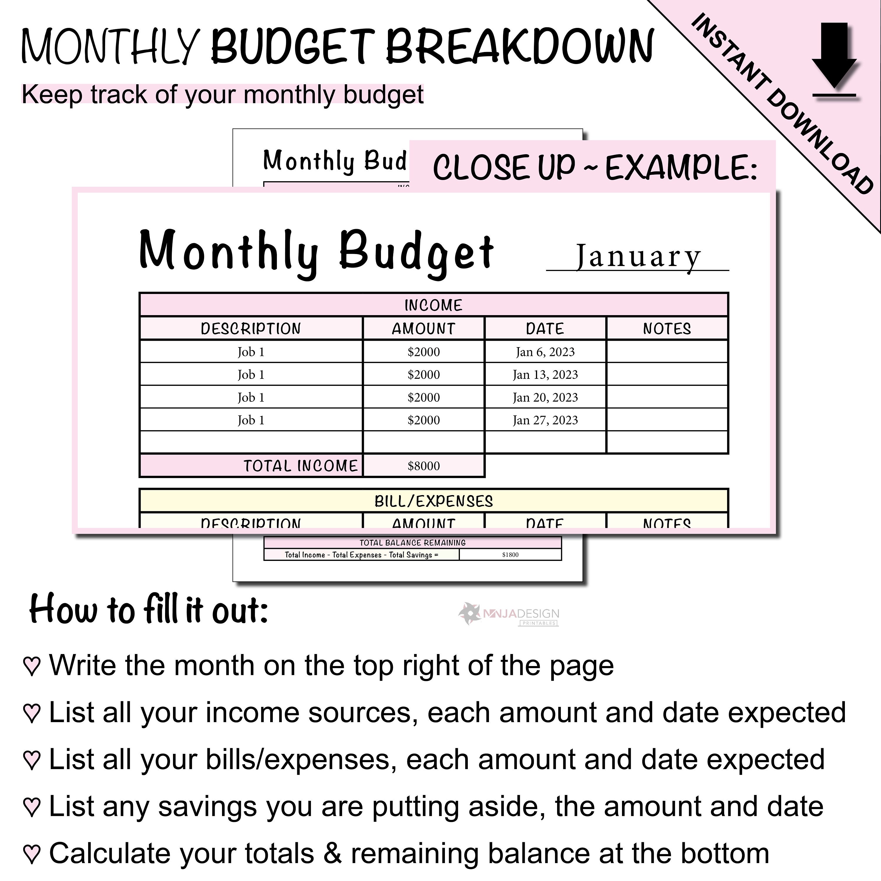 Printable Monthly Budget Breakdown to Keep Track of Your - Etsy