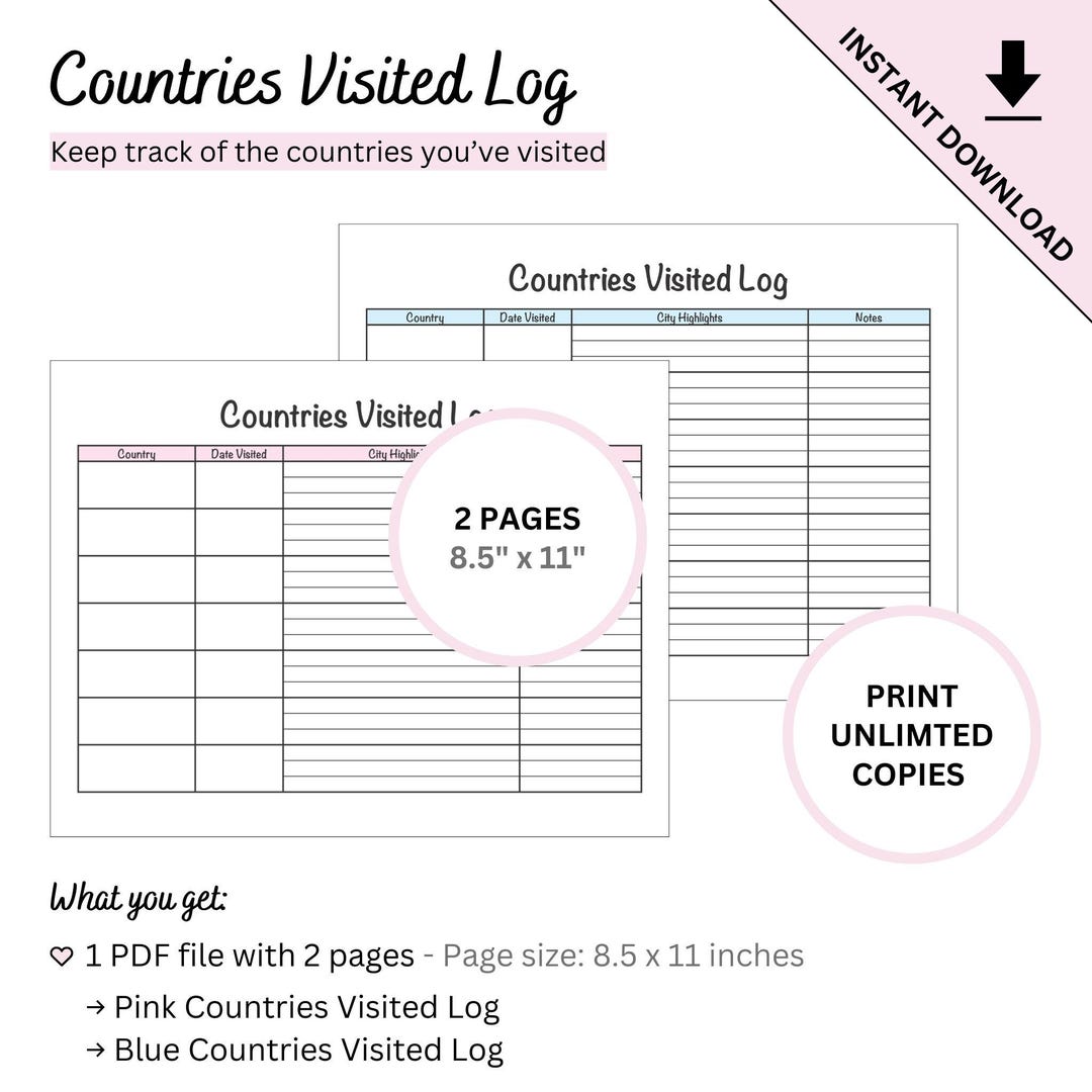 Printable Countries Visited Log Sheet to Track Your Travel History and ...