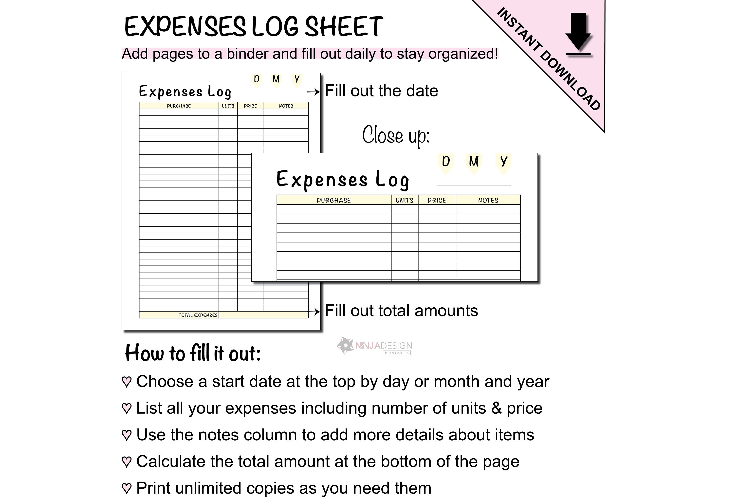 Printable Expenses Log Sheet to Track Small Business Expenses - Etsy