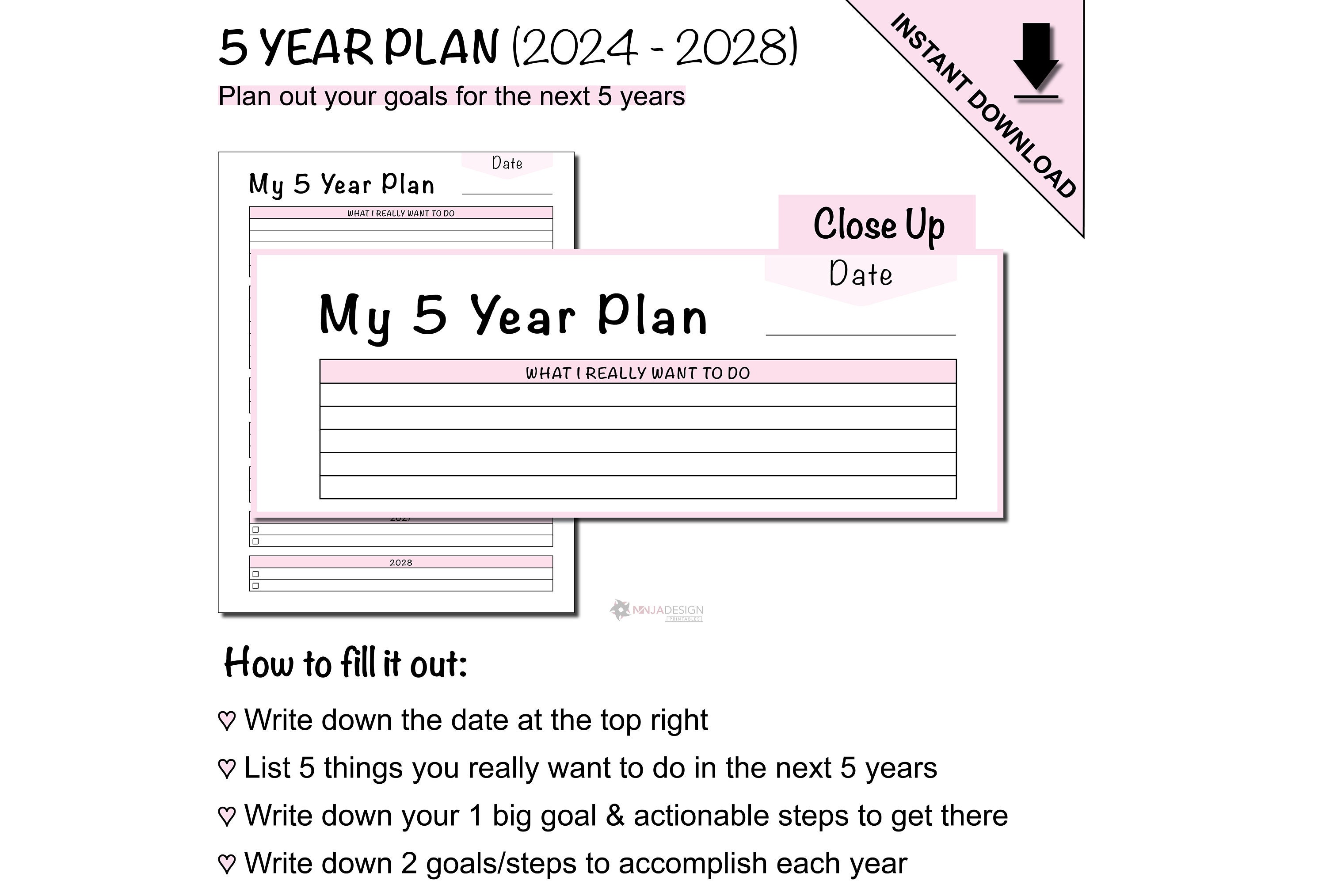 Printable 5 Year Goal Planning Template for 2024 to 2028 Plus Blank ...