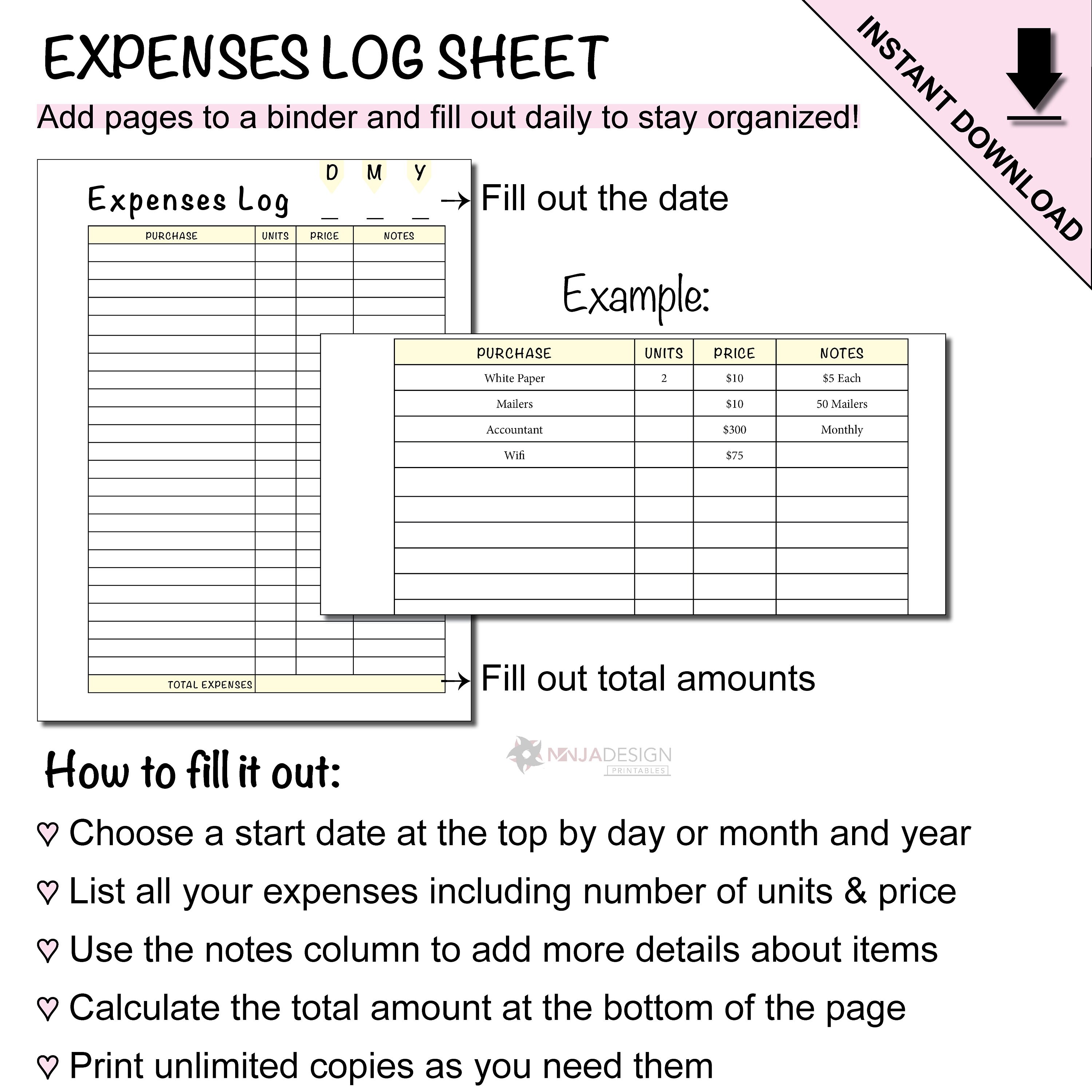 Printable Expenses Log Sheet to Track Small Business Expenses - Etsy
