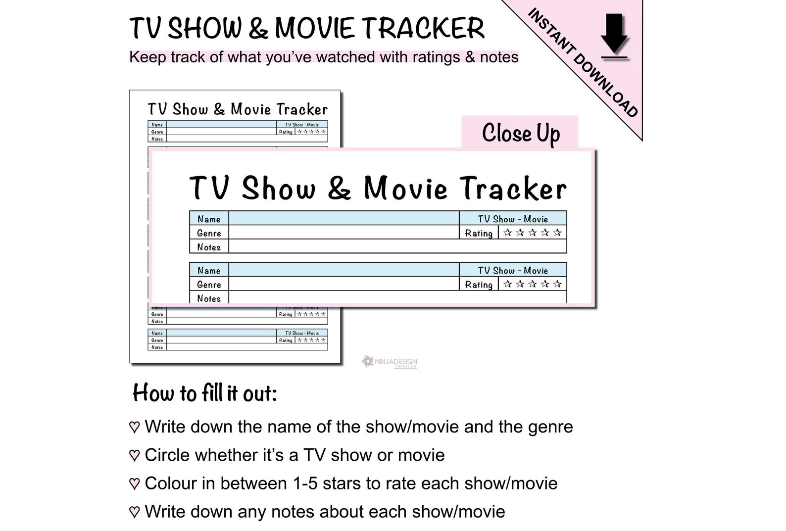 Printable TV Show and Movie Tracker for Reviewing TV Shows and Movies ...
