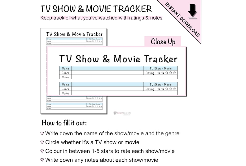 Printable TV Show and Movie Tracker for Reviewing TV Shows and Movies ...