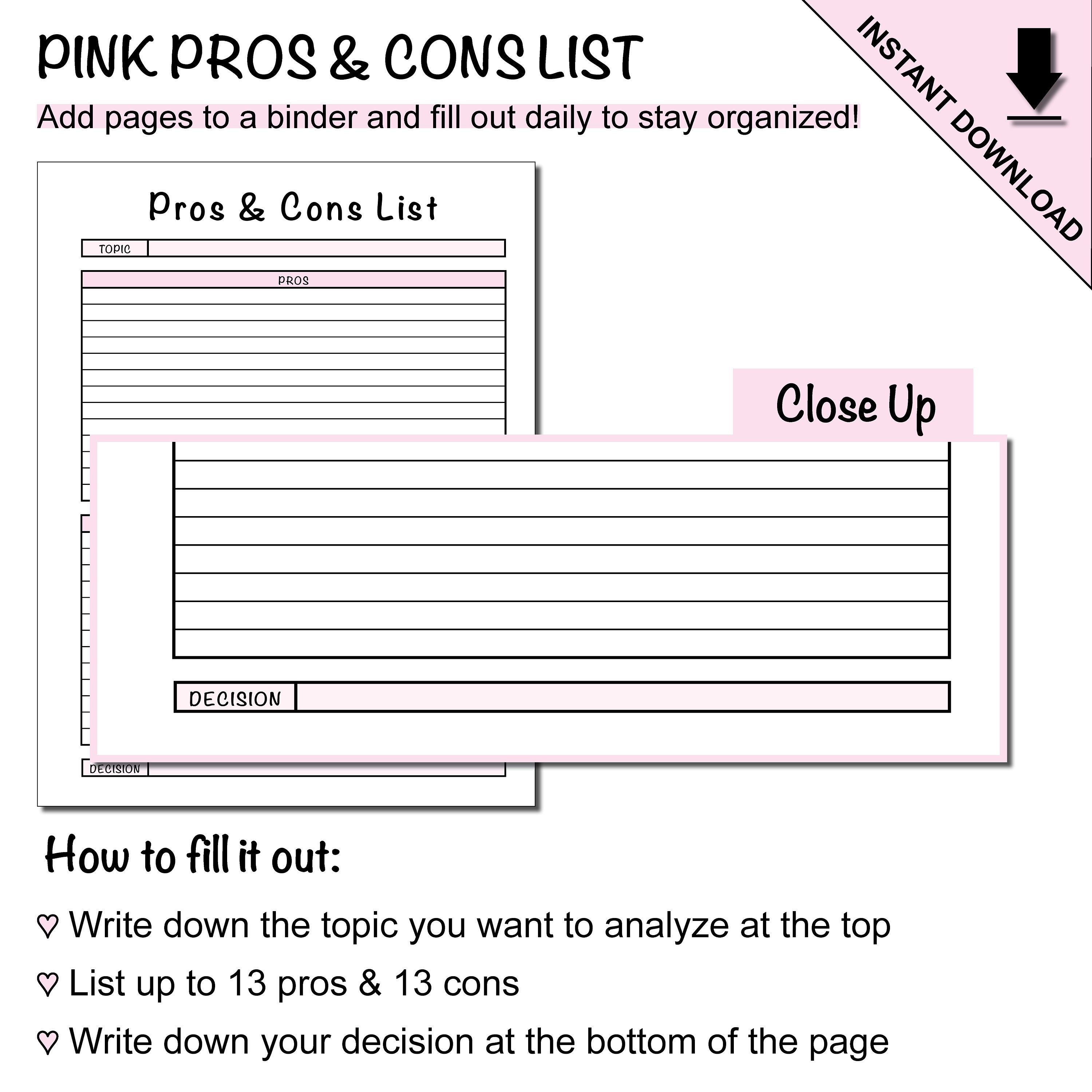 Printable Pros & Cons List to Help You Make a Decision - Etsy