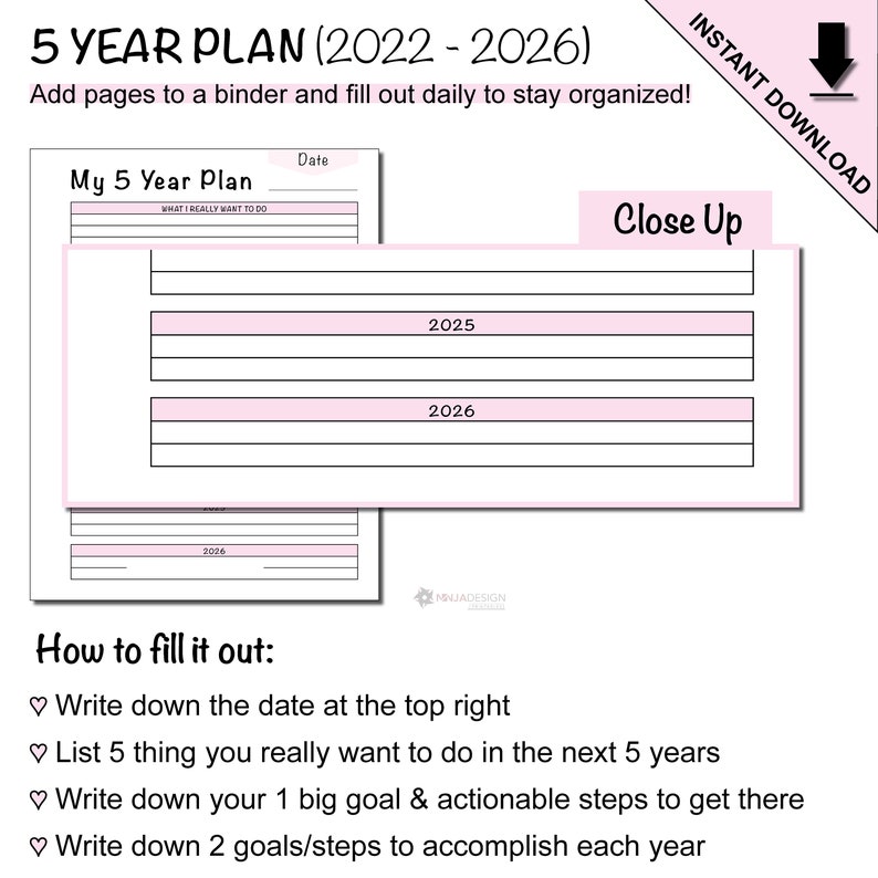 Printable 5 Year Goal Planning Template for 2022 to 2026 Plus | Etsy