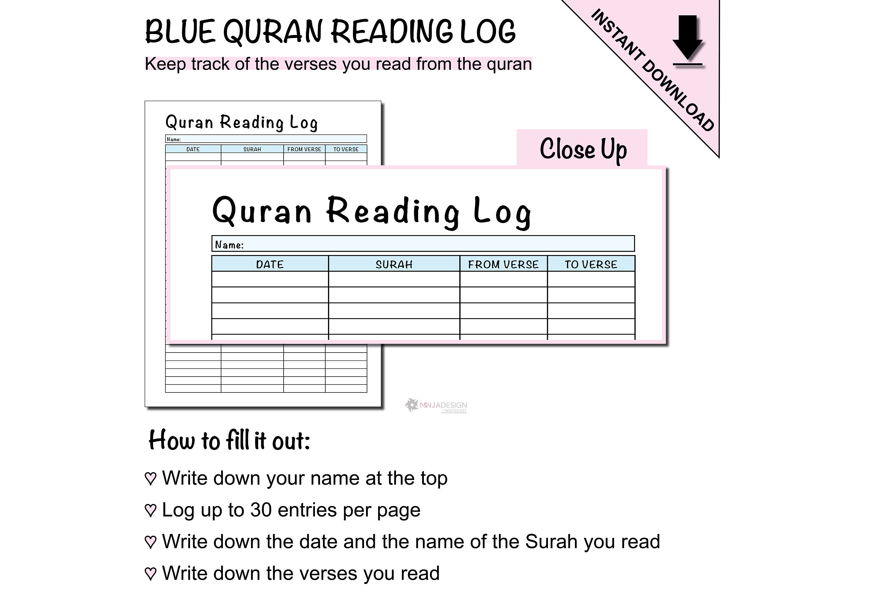 Printable Quran Reading Log to Track Verses of Surahs Read Ramadan ...
