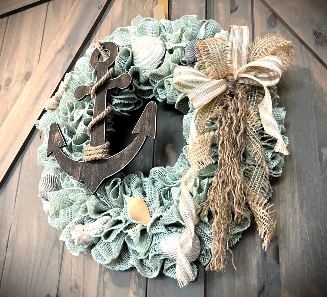 Handmade Seafoam Burlap Beach Wreath: Anchor & Seashell Decor - Etsy