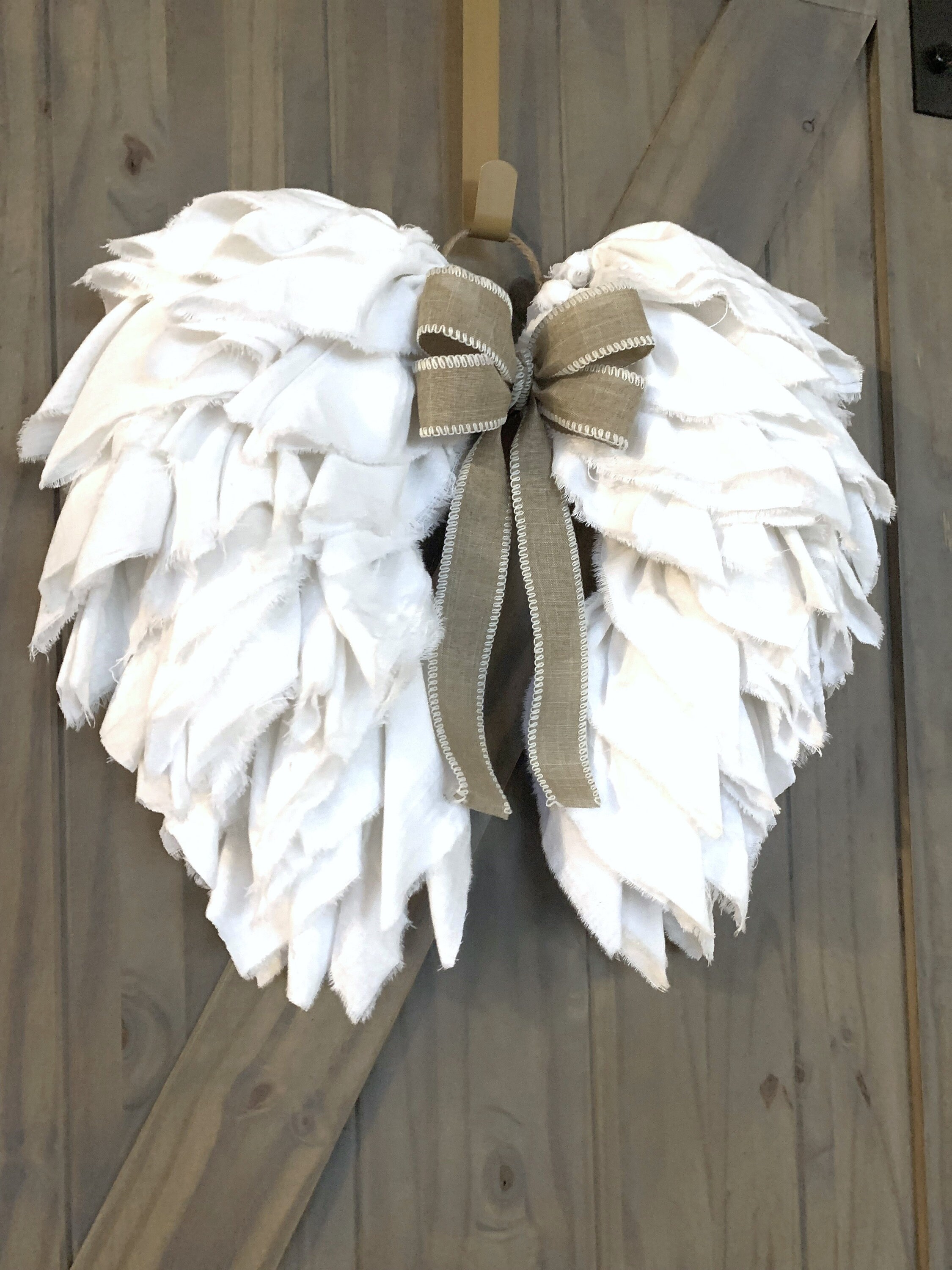 Angel Wings Rag Wreath: Shabby Chic Neutral Bow, Handmade - Etsy