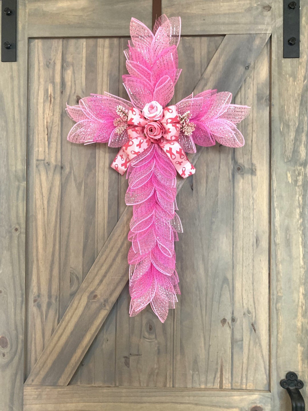 Cross Wreath, Pink Ribbon Wreath, Breast Cancer Awareness, Hope Ribbon ...