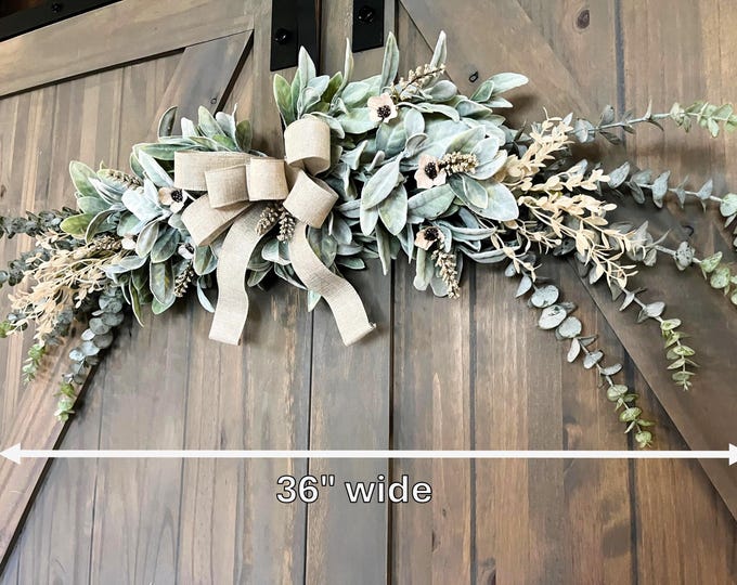 XL Farmhouse Swag, Neutral Bow, Lambs Ear, Eucalyptus, French Cottage ...