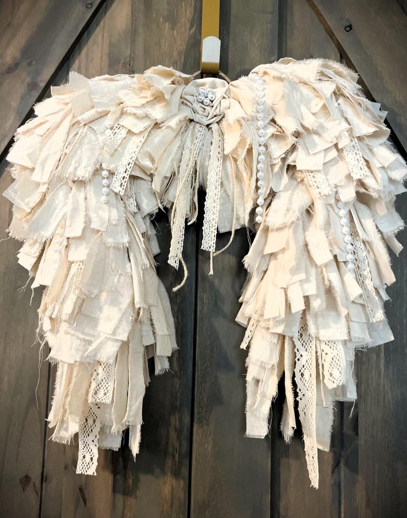 Shabby Chic Angel Wing Wreath: Tea-stained Cotton, Lace & Faux Pearls ...