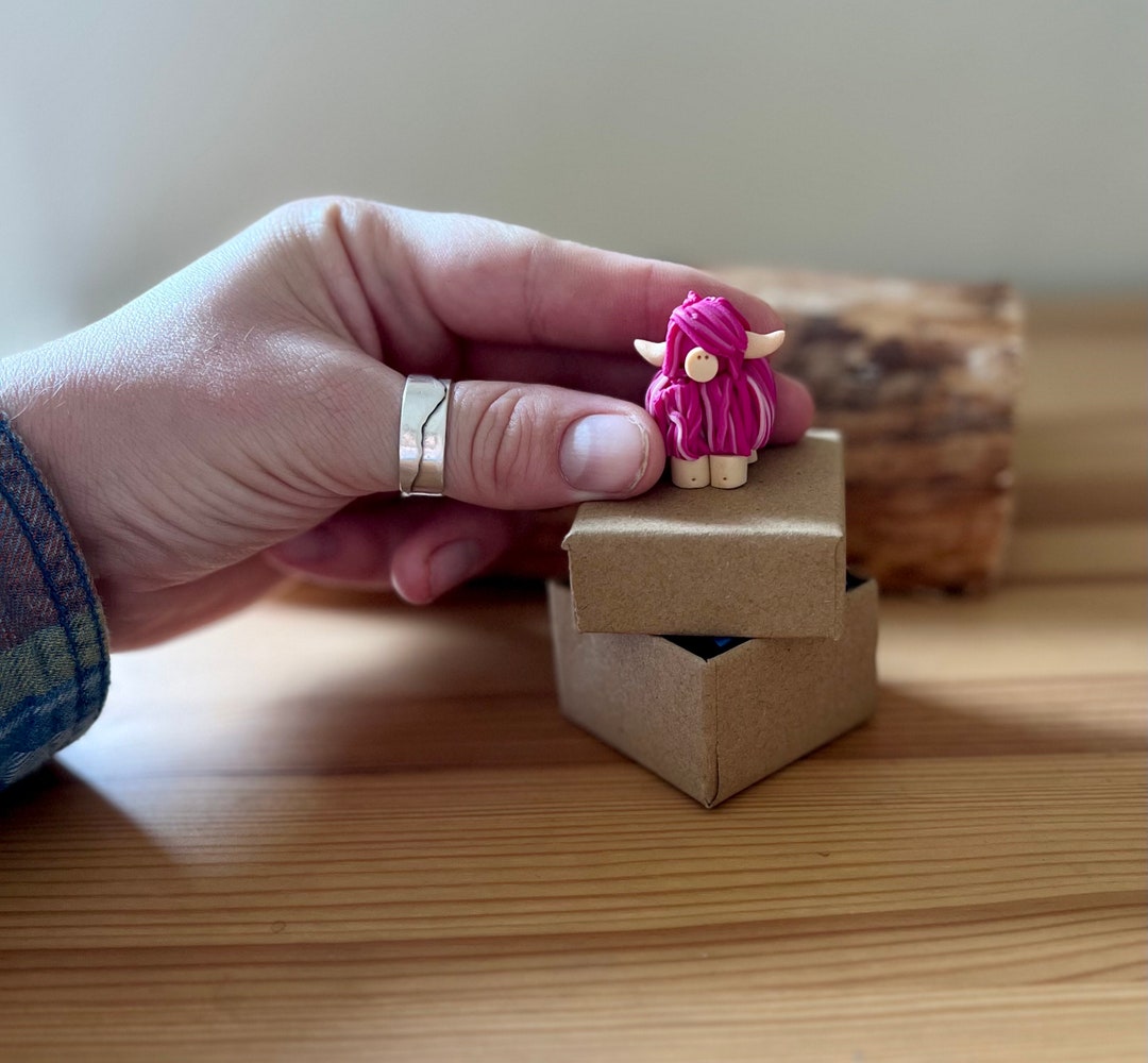 Pink Wee Coo In A Box Highland Cow Miniature Handmade Polymer Clay Scottish T