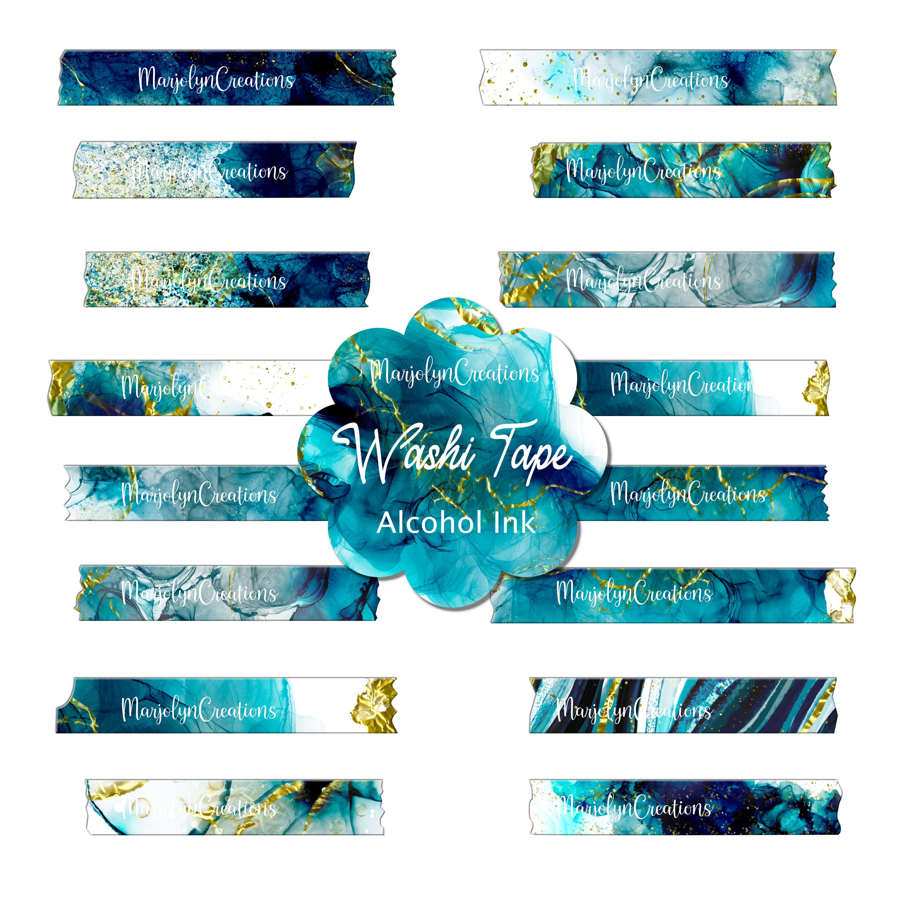 Digital Washitape _clipart_alcohol Ink_blue Green Patterns for Digital ...