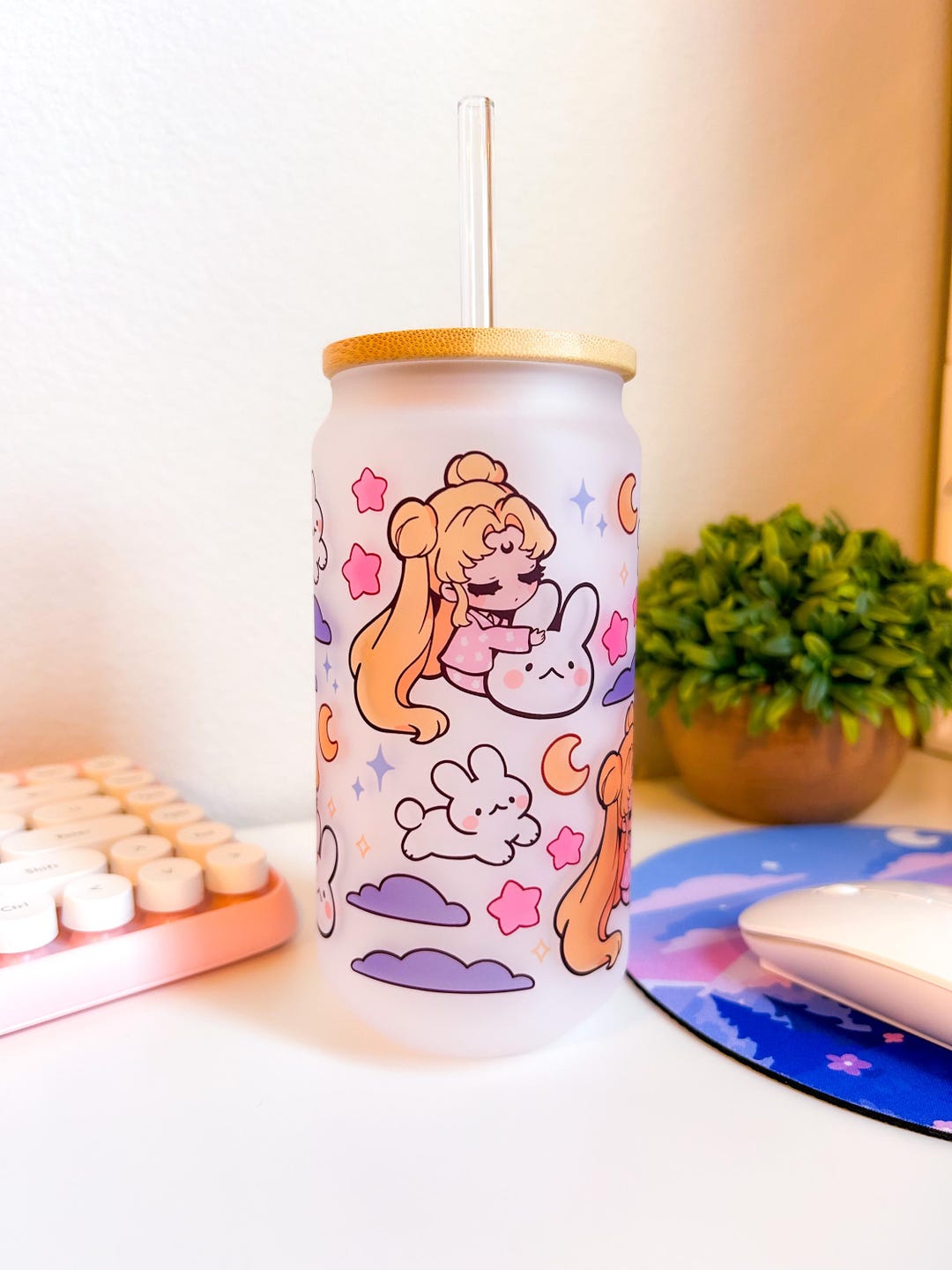 Starry Usagi Bunny Glass Can Cup 16oz Sailor Scouts Cute Kawaii Bunnies ...