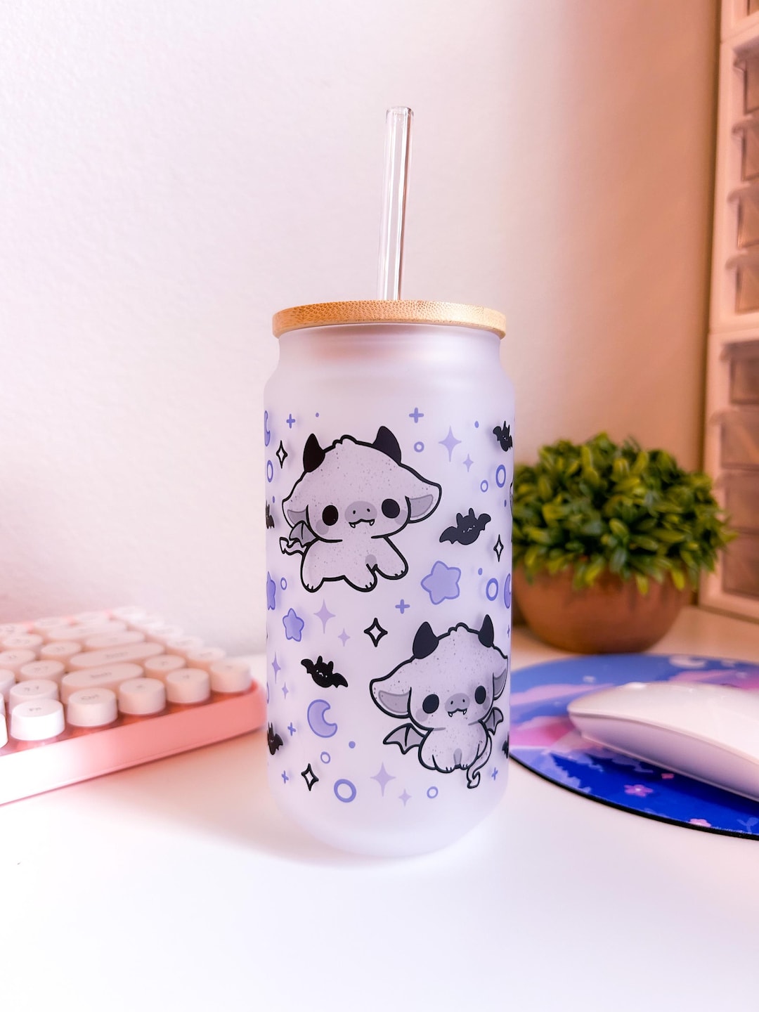Cute Gargoyle Glass Can Cup 16oz Bat Cow Cute Kawaii Cute Frosted ...