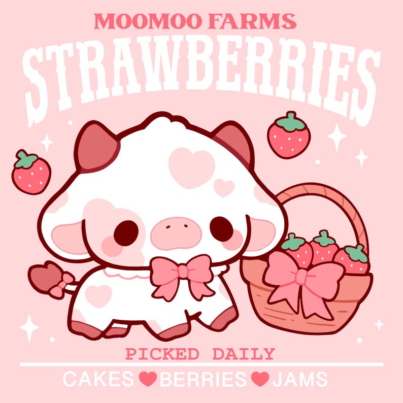 Art Print Strawberry Cow 8x8 Matte Art Print - Cute Kawaii Cottage Core ...