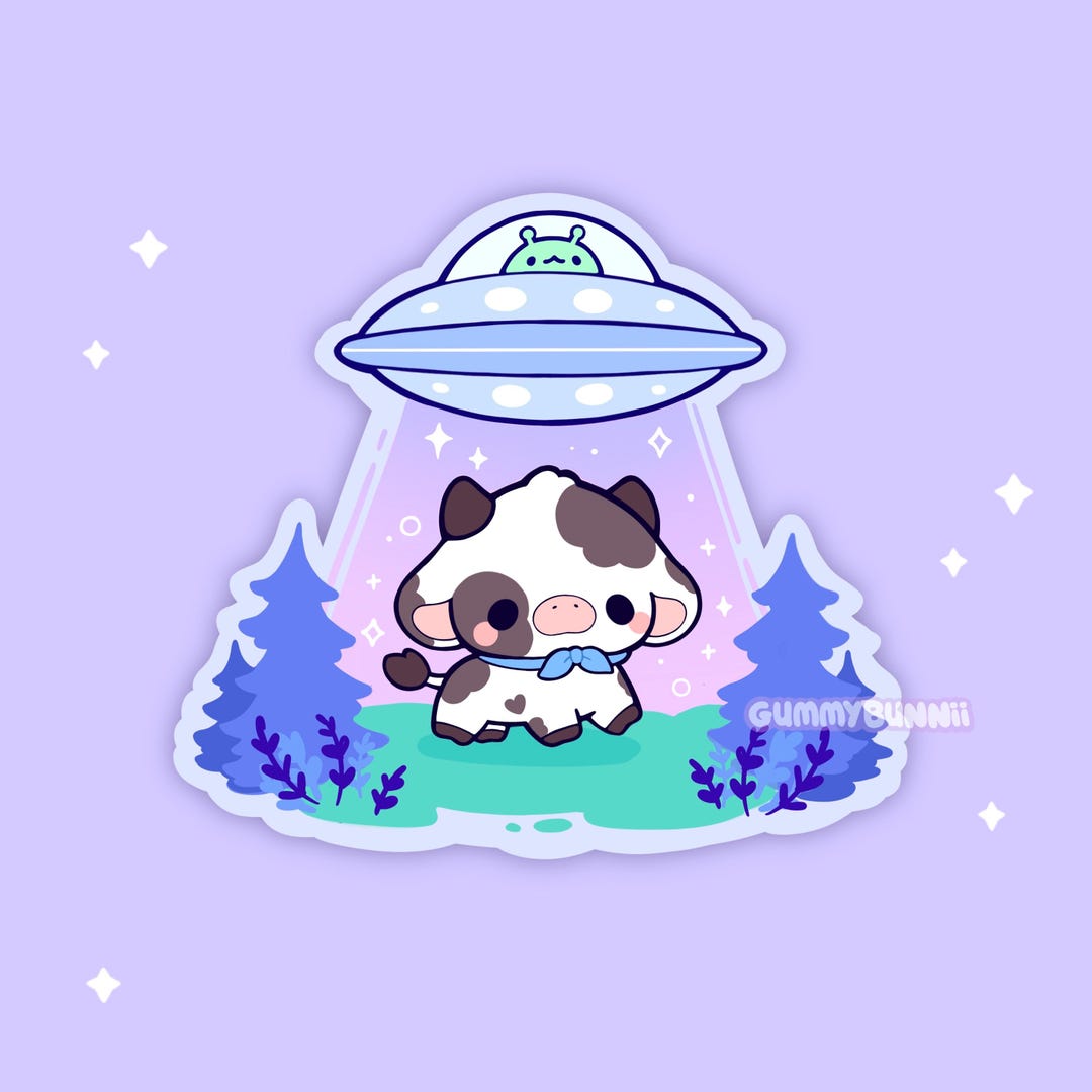 Cute Alien Abducting Cow Sticker Funny UFO Cow Vinyl Decal Matte Space ...