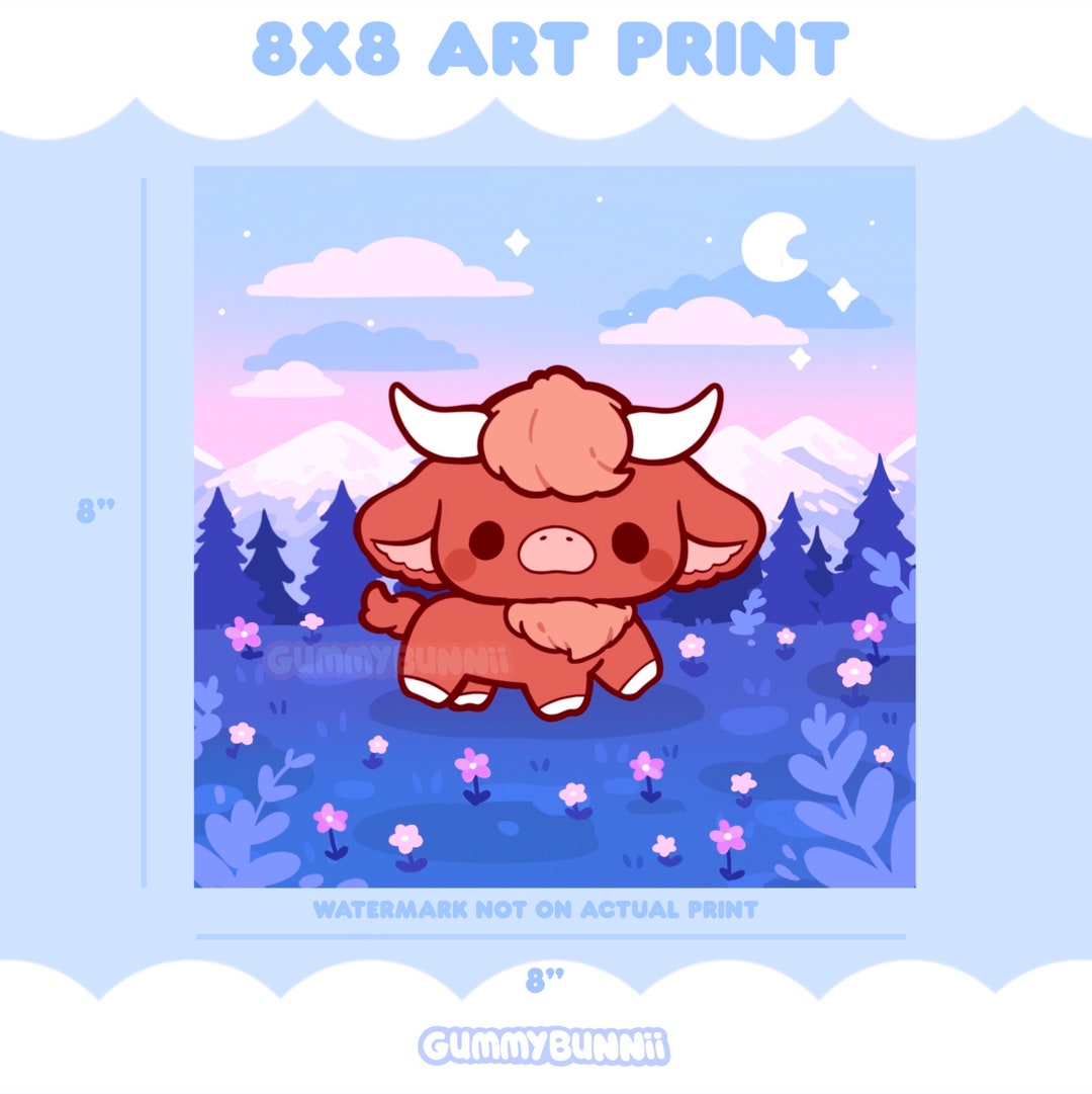 Highland Cow 8x8 Matte Art Print Cute Kawaii Cottage Core Forest Floral ...