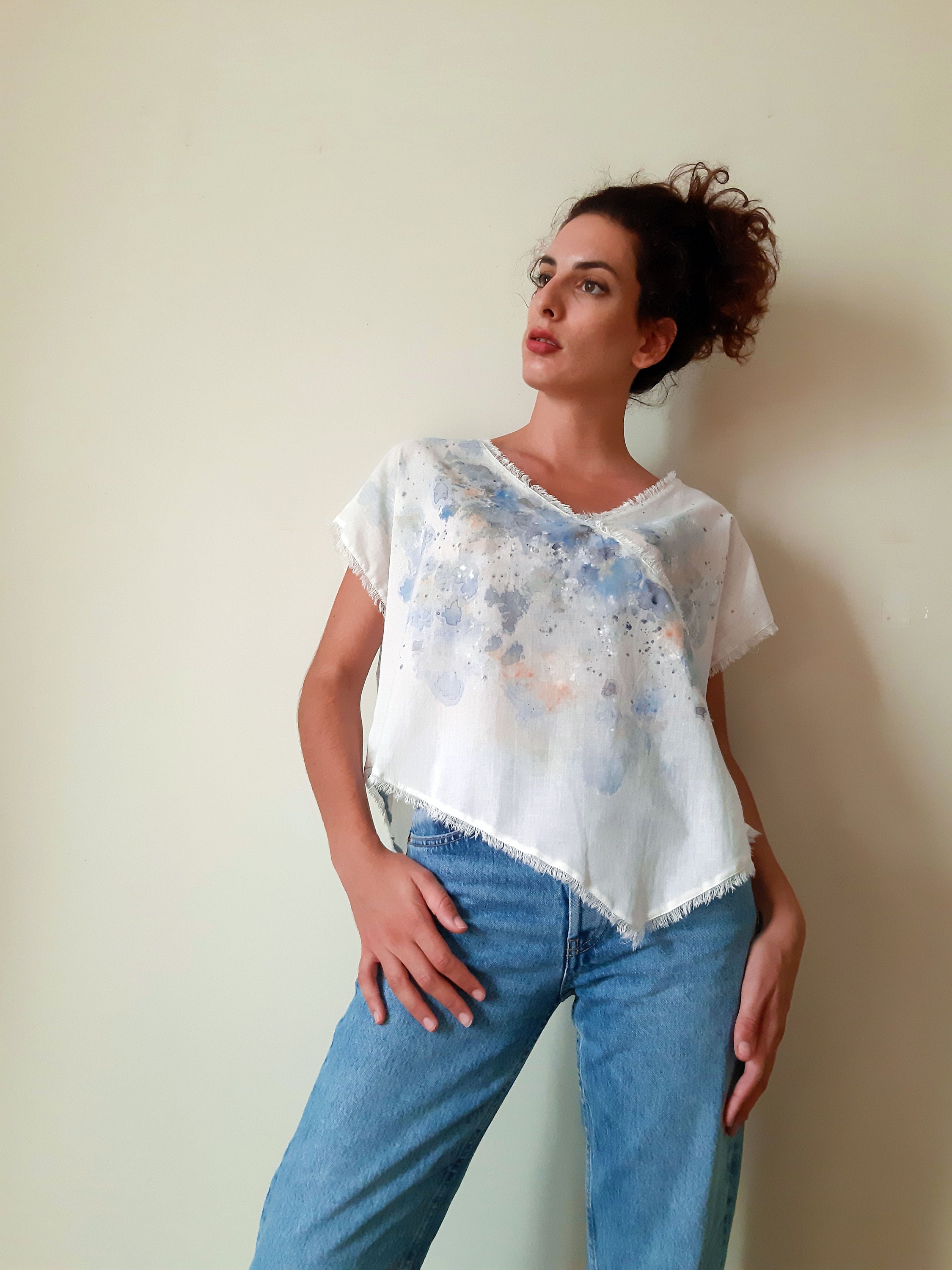 Handpainted White Asymmetrical Cotton One of a Kind Top - Etsy