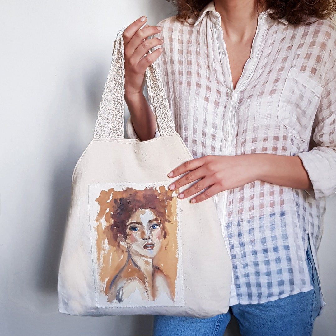 Unique Tote Bag Painted by Hand Both Sides With Crochet Handle - Etsy