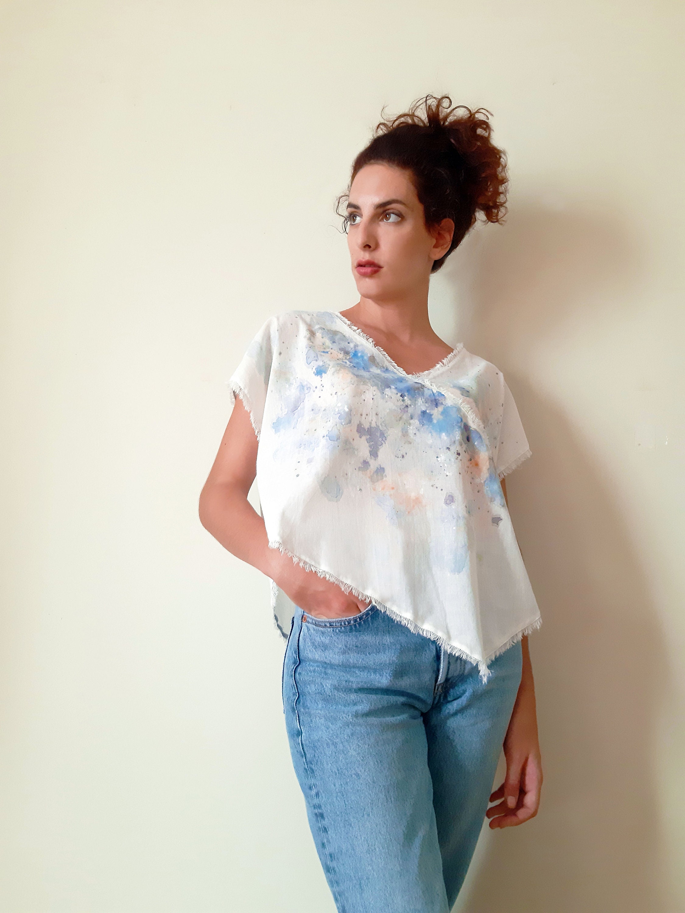 Handpainted White Asymmetrical Cotton One of a Kind Top - Etsy