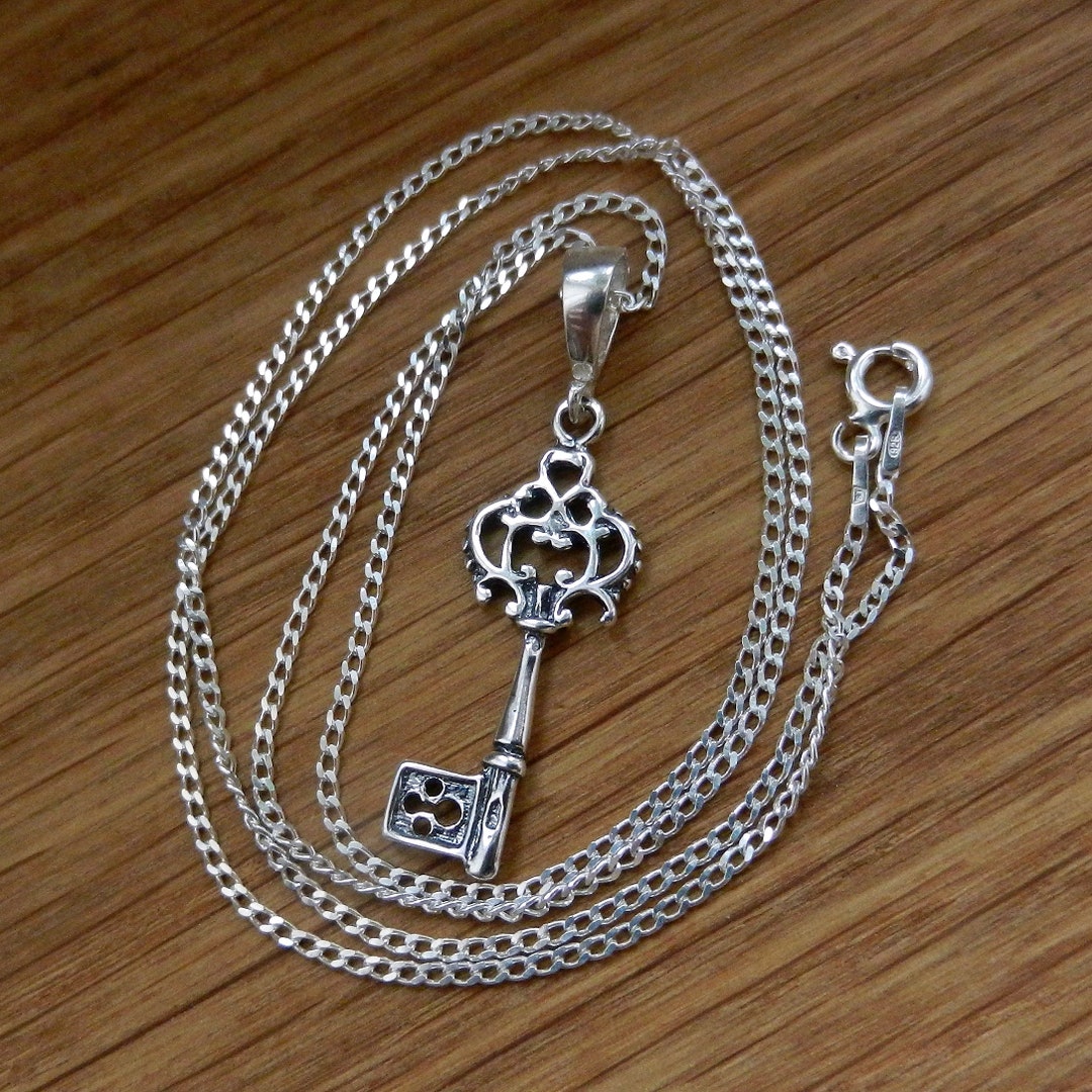 Sterling Silver Key Pendant Necklace Curb Chain - Etsy