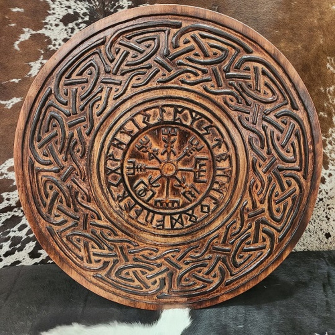 Viking Round Shield With Carved Vegvisir Symbol, Wooden Shield , Wall ...