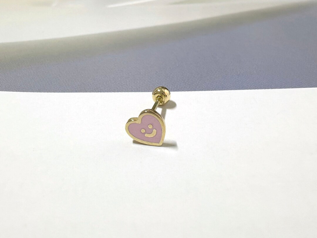 20G 14k Solid Gold Pink Heart Screw Back Piercings, Heart End Barbell ...