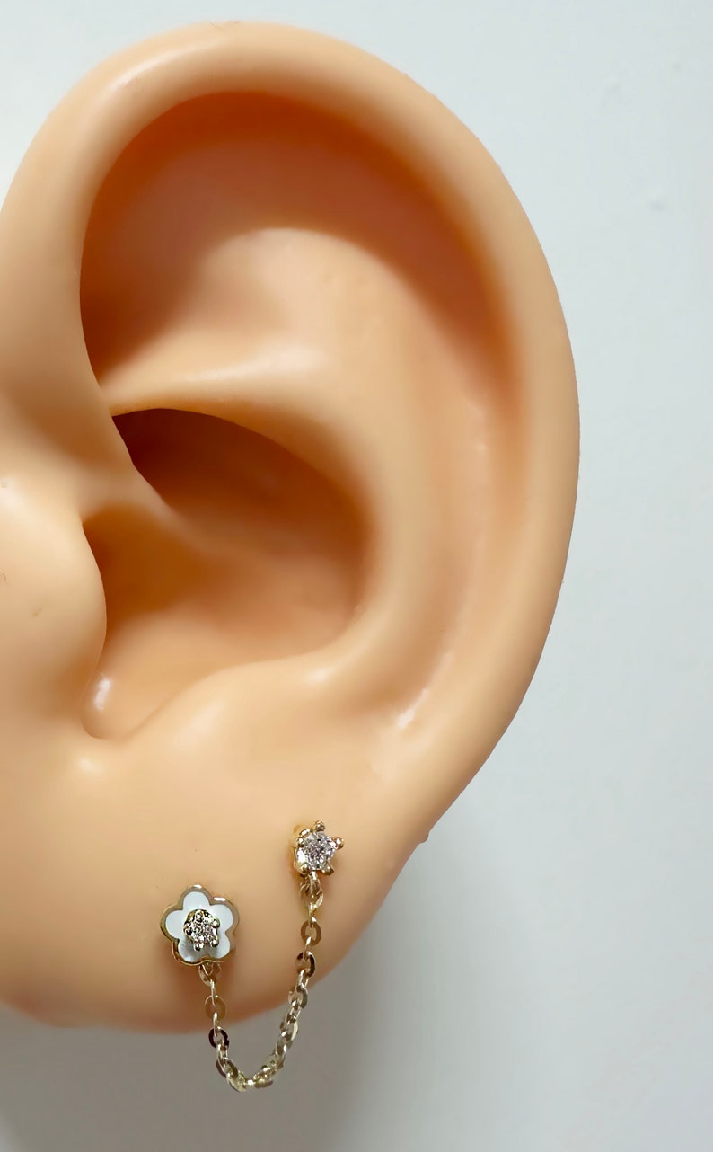 14K Solid Gold CZ Flower Chain Stud Earring, Screw Back Piercing (sold ...