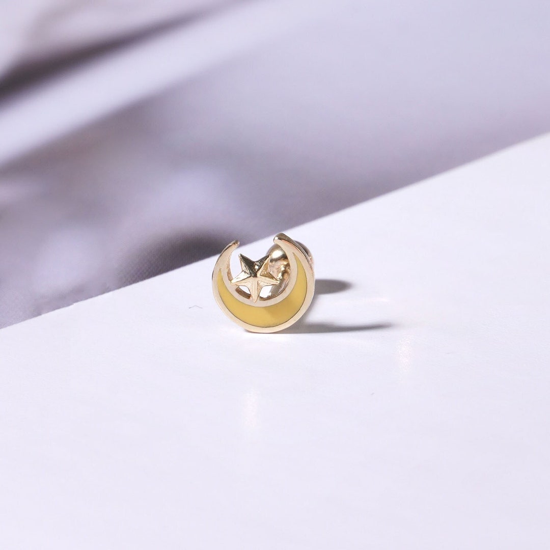 14k Solid Gold Moon Stud Piercing, Crescent Piercing, Delicate Helix ...