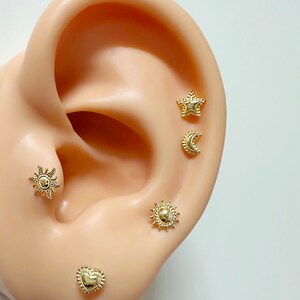14K Solid Gold Sun Screw Back Stud Earrings, Cartilage Stud Earring ...