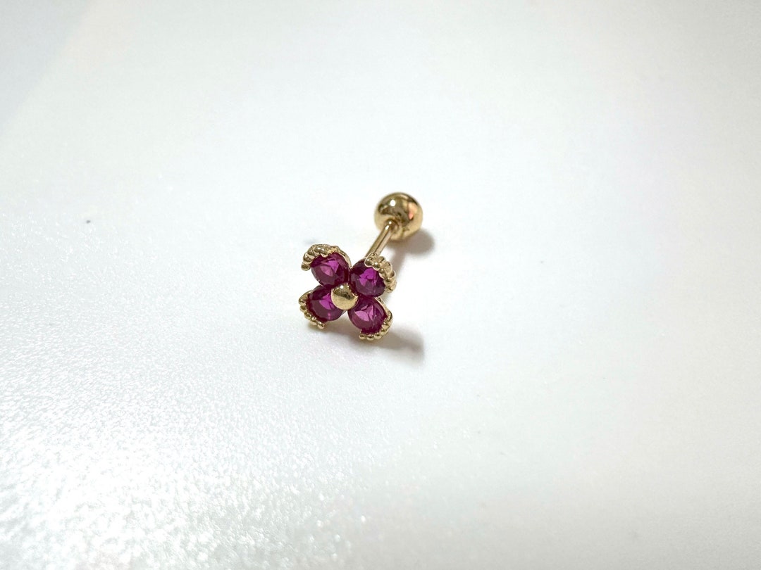 14K Solid Gold Ruby Clover Cartilage Piercing, 20G Screw Back - Etsy